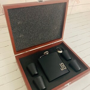 6oz Matte Black Flask Stainless Set Personalized in Wooden Box. Perfect ...