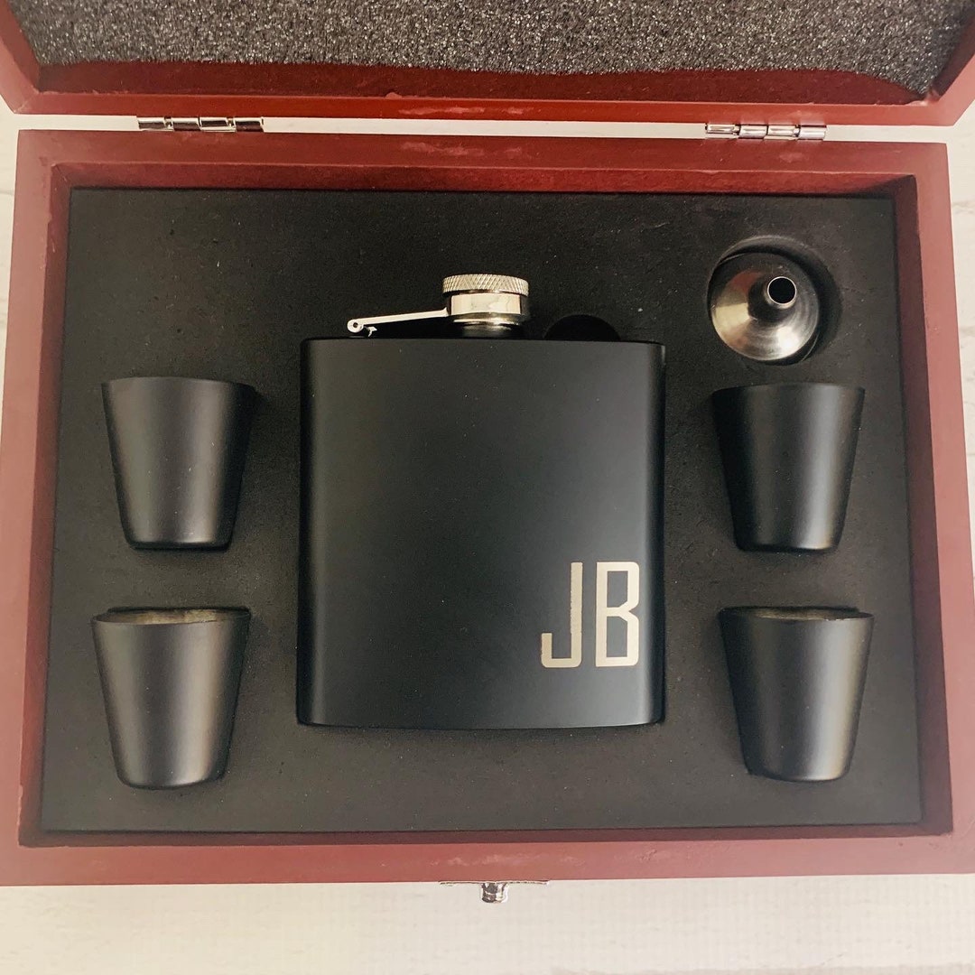 6oz Matte Black Flask Stainless Set Personalized in Wooden Box. Perfect ...