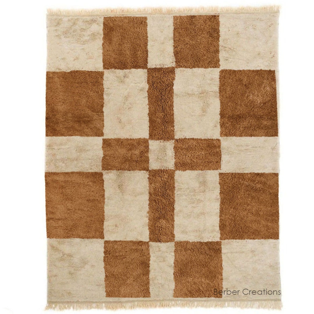 Checkered Moroccan Rug, Brown and Beige Beni Rug, Checkered Area Rug ...