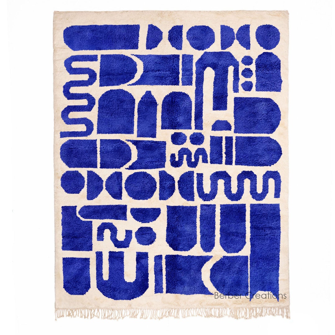 Moroccan Rug, Beni Rug Blue and White, Handwoven Area Rug, Beni Ourain ...