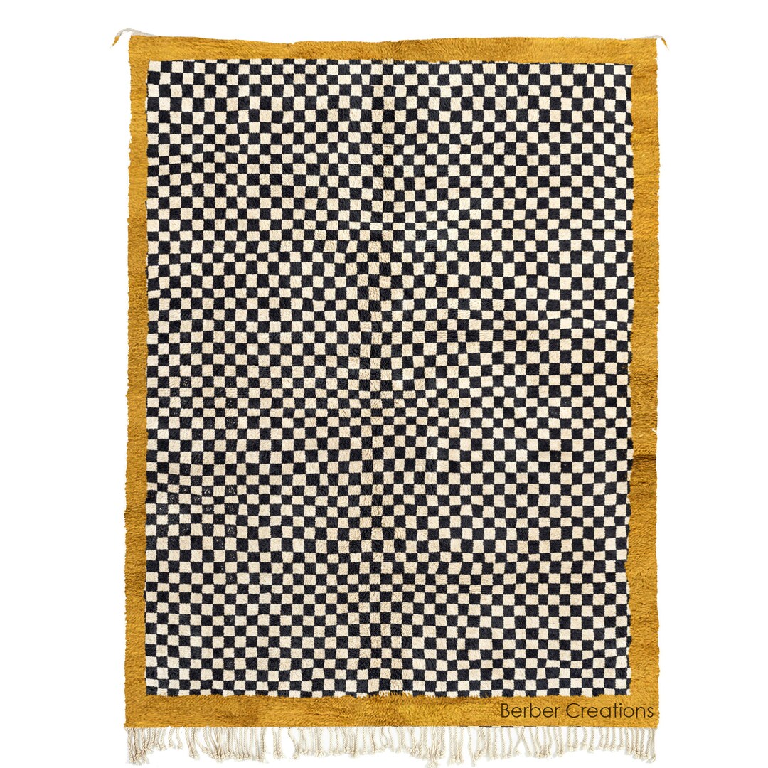 Checkered Moroccan Rug, Black and White Checkered Rug, Yellow Border ...
