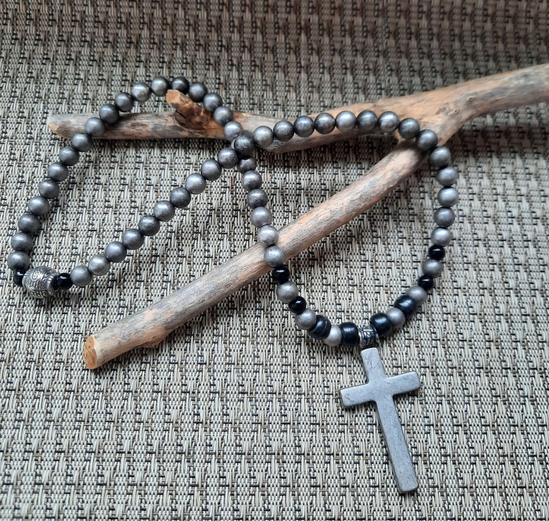 Vintage Heavy Metal Heavy Cross Pendant With Beaded Rosary/choker - Etsy