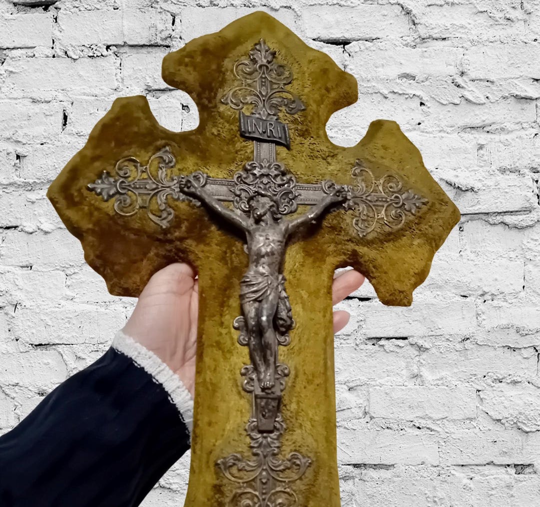 Antique Velvet Crucifix With Holy Water Font: Victorian Olive Green - Etsy