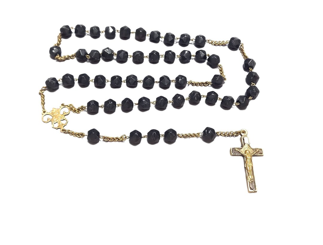Antique Jet Rosary: French Religious Prayer Beads, Brass Crucifix - Etsy