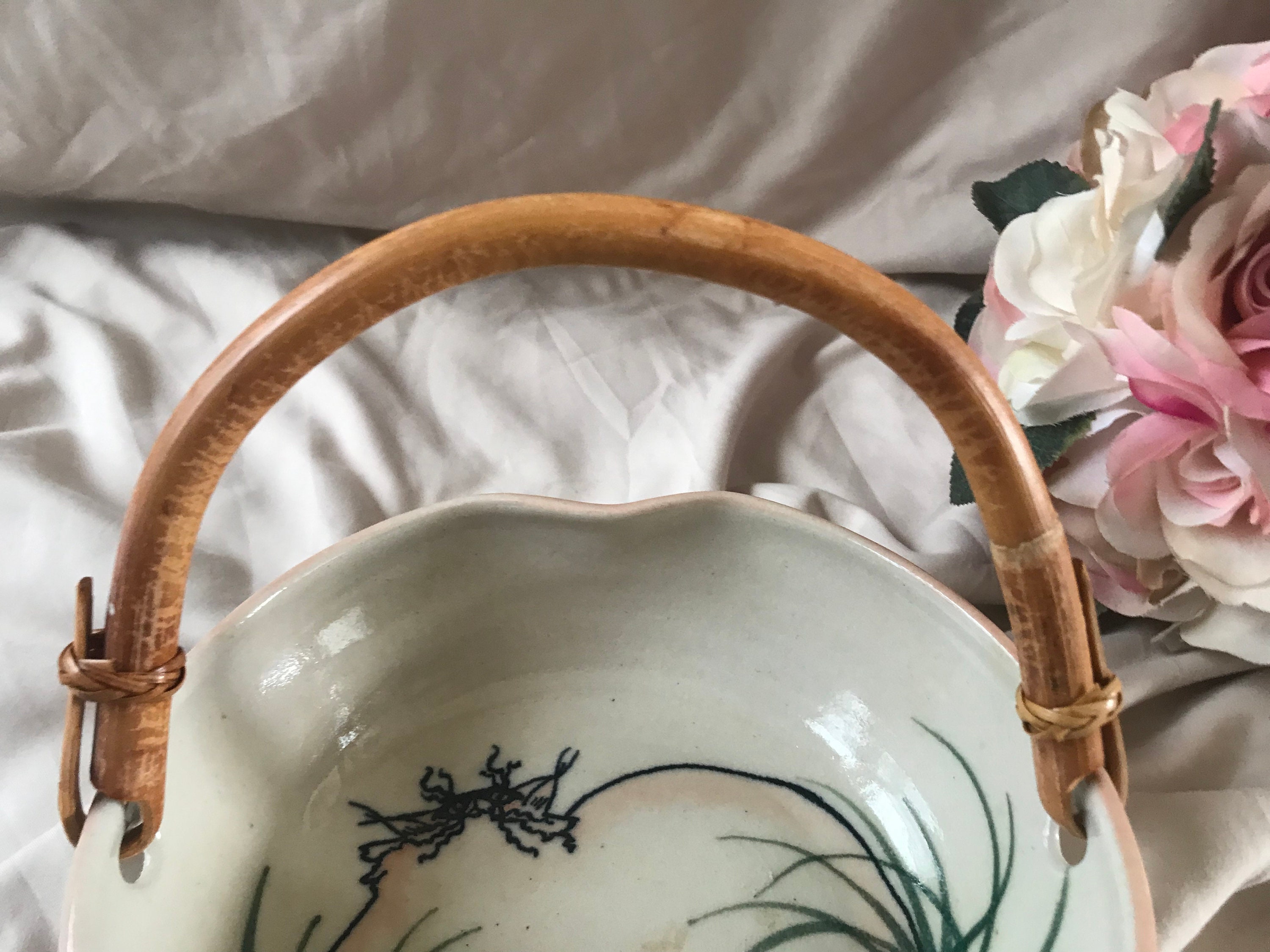 Moonfire Pottery Ceramic Heart Shaped Bowl Hand Painted Wooden Handle ...