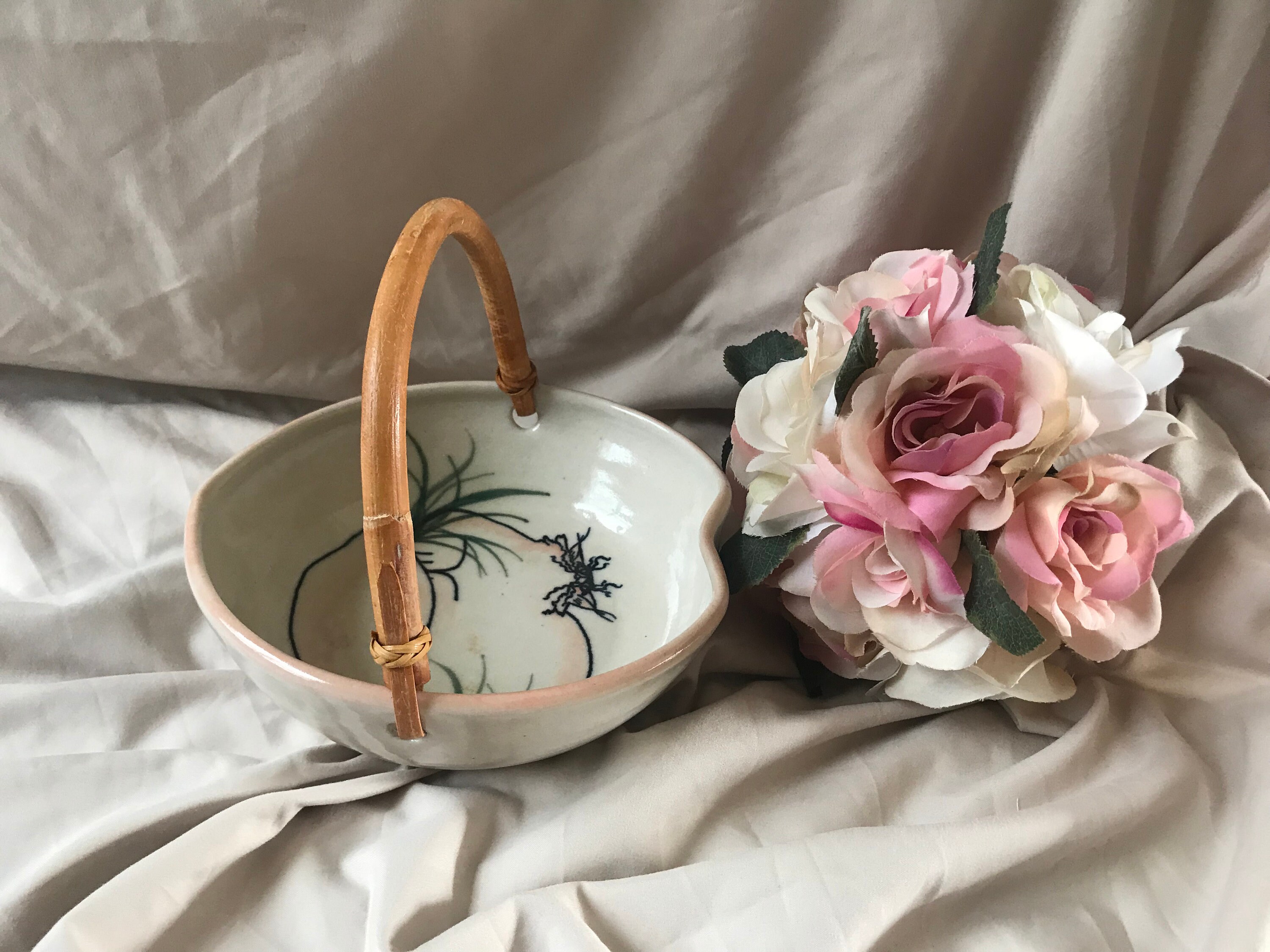 Moonfire Pottery Ceramic Heart Shaped Bowl Hand Painted Wooden Handle ...