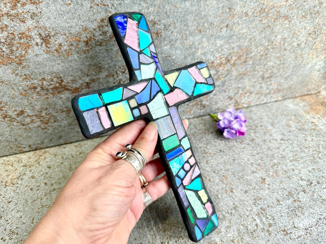 Blue, Lilac Stained Glass Mosaic Cross. Handmade, Unique, Decorative ...