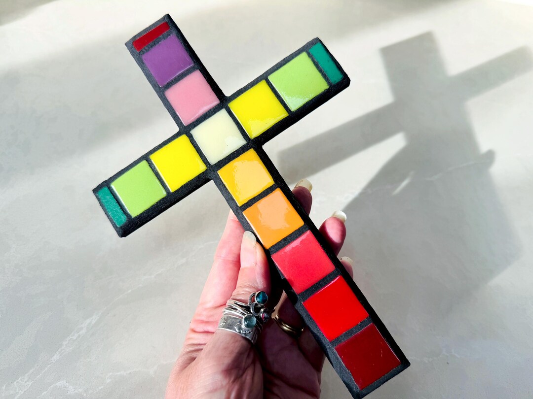 A Handmade Rainbow Mosaic Cross. Wooden and Recycled Glass Crucifix ...