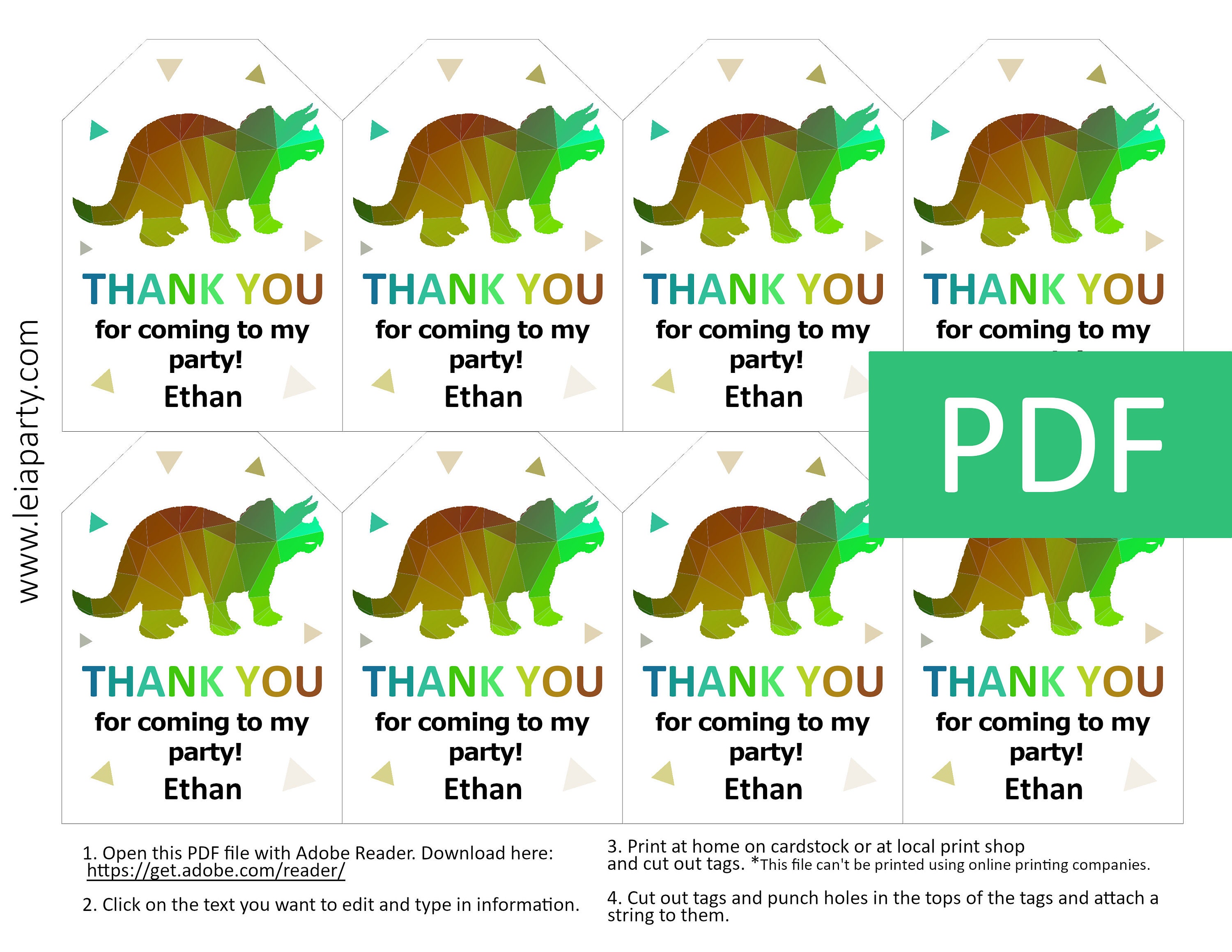 Dinosaur Thank You Tags - Dinosaur Favor Tags - Editable PDF ...
