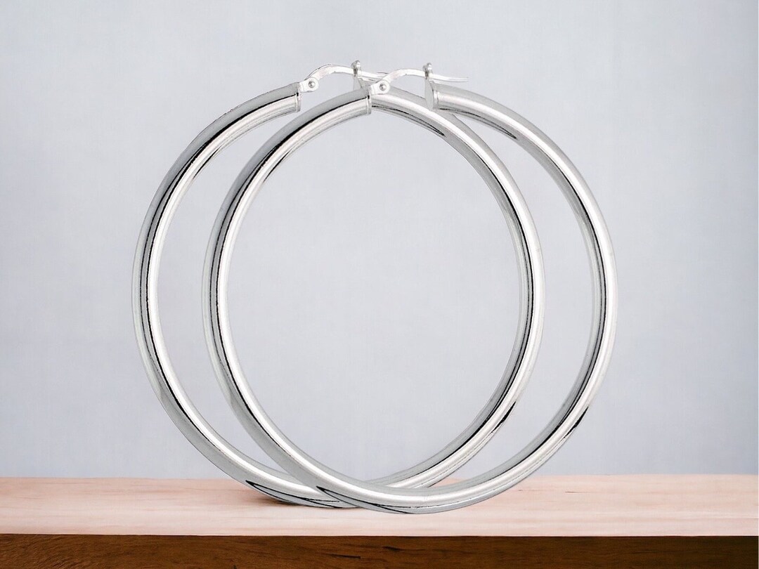 60MM Extra Large 4MM Sterling Silver Hoop Earrings French Lock, Made in ...