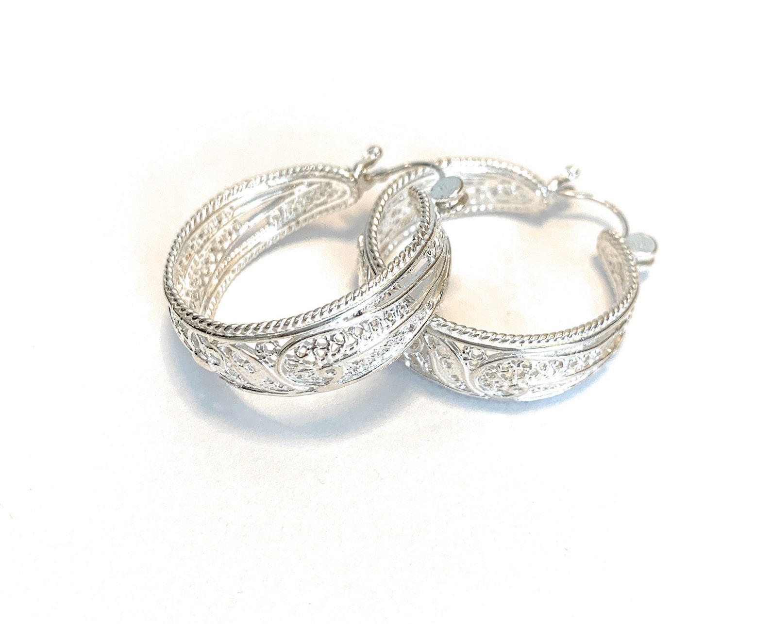 Sterling Silver Earrings - Chunky Hoops - Filigree Hoop Earrings ...