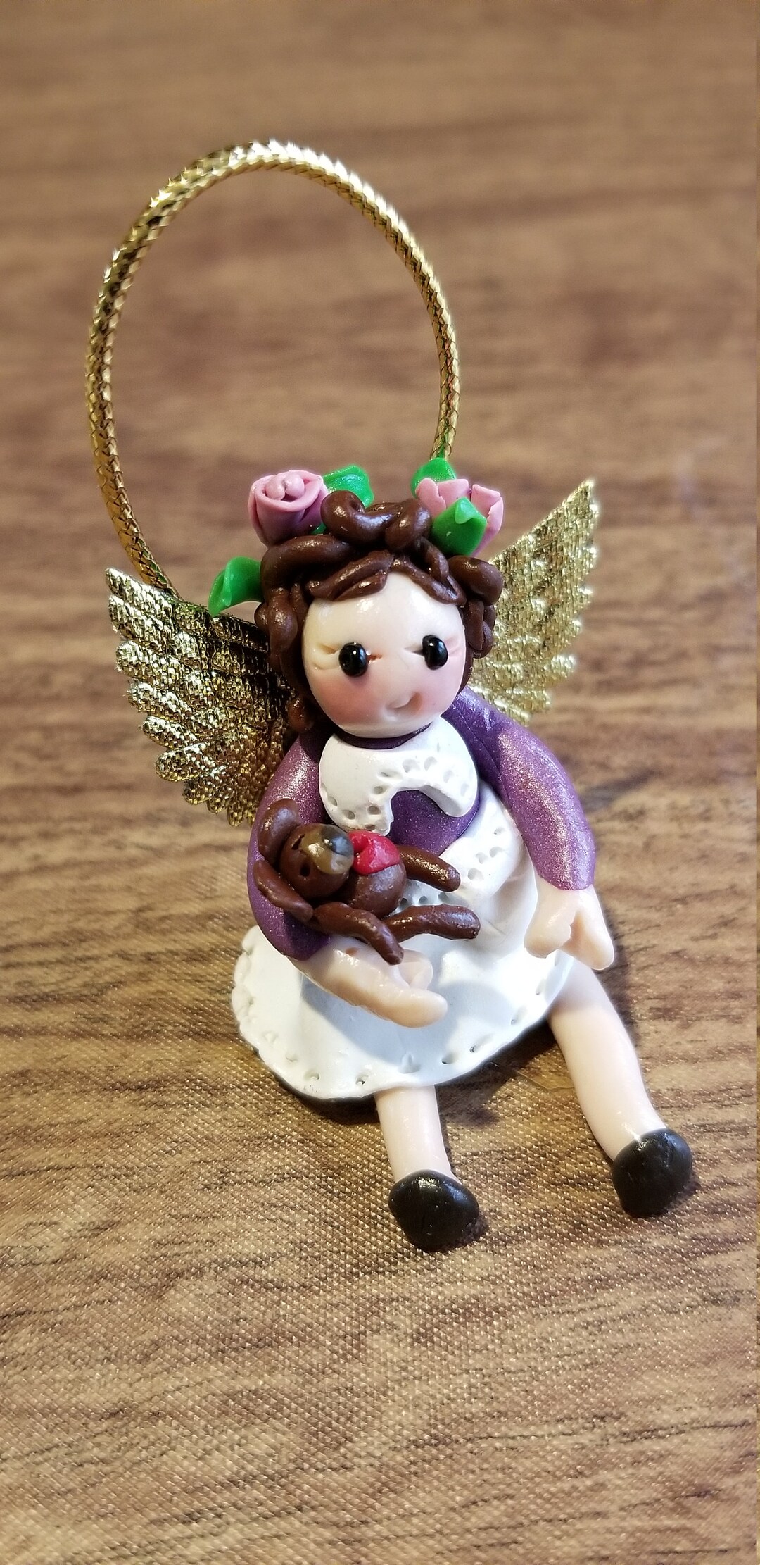 Miniature Polymer Clay Little Girl Angel Ornament With Teddy Bear Brown ...