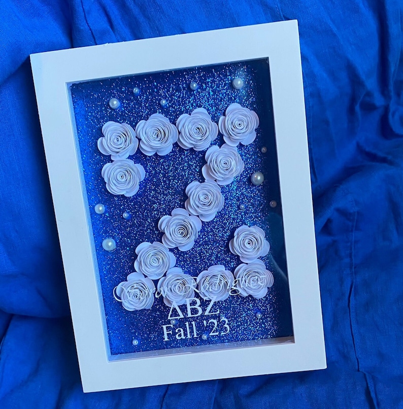 Personalized 5"x7" Zeta Shadow Box: Blue W White Flowers Greek Sorority ...