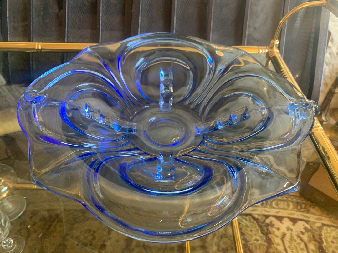 Vintage Art Deco Blu Glass Footed Bowl, Art Deco Blue Glass Centrepiece ...