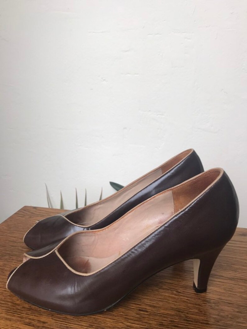 Vintage St Michael Brown and Beige Leather Peep-toe Shoes, Slip Ons ...