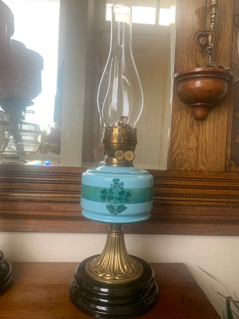 Antique Hand Painted Blue Glass Oil Lamp - Art Nouveau Oil Lamp ...