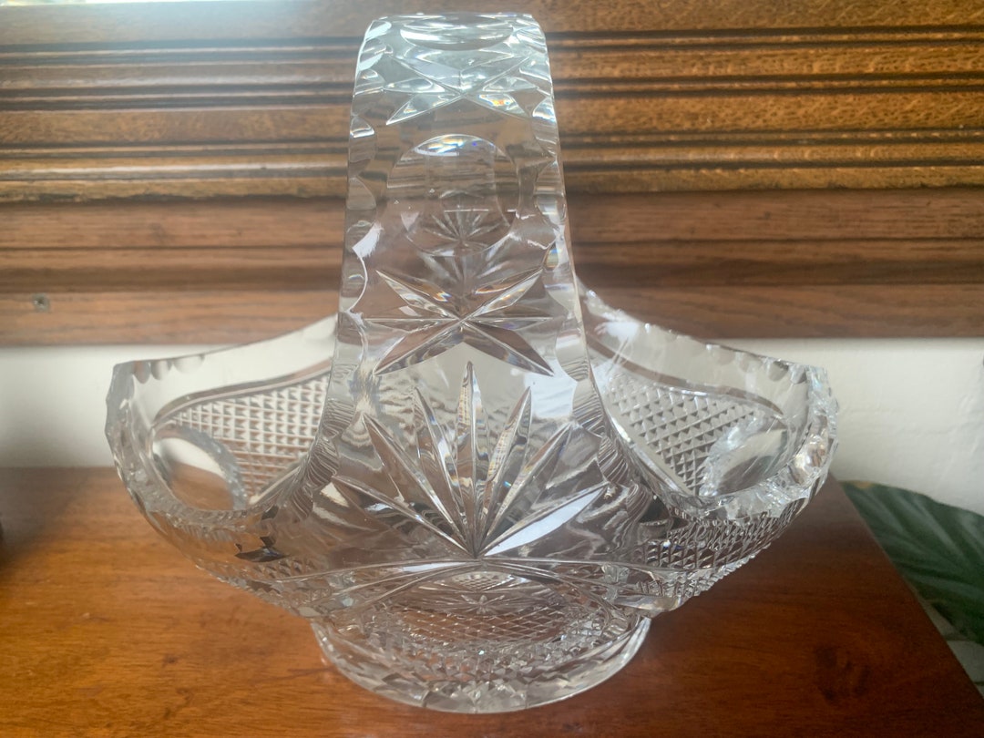 Vintage Deep Cut Crystal Basket, Large Cut Crystal Basket, Heavy ...