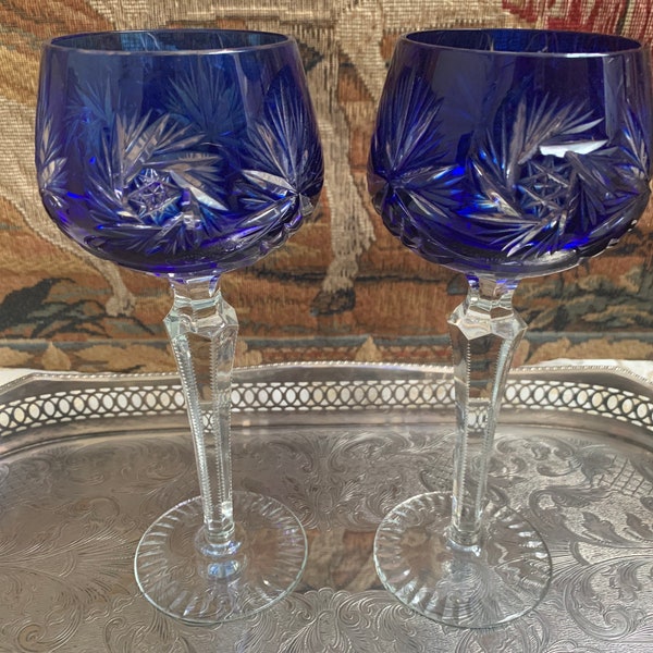 Bohemian Cobalt Blue Crystal Wine Glasses Etsy