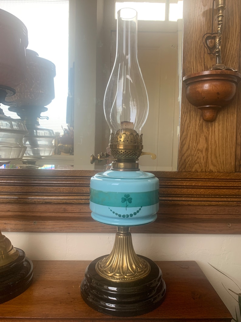 Antique Hand Painted Blue Glass Oil Lamp - Art Nouveau Oil Lamp ...