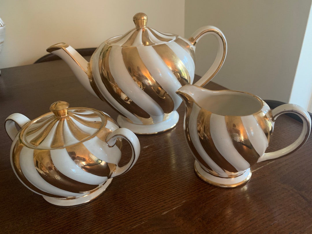 Vintage Sadler Gold and Cream Candy Stripe Teapot Sugar & Cream ...