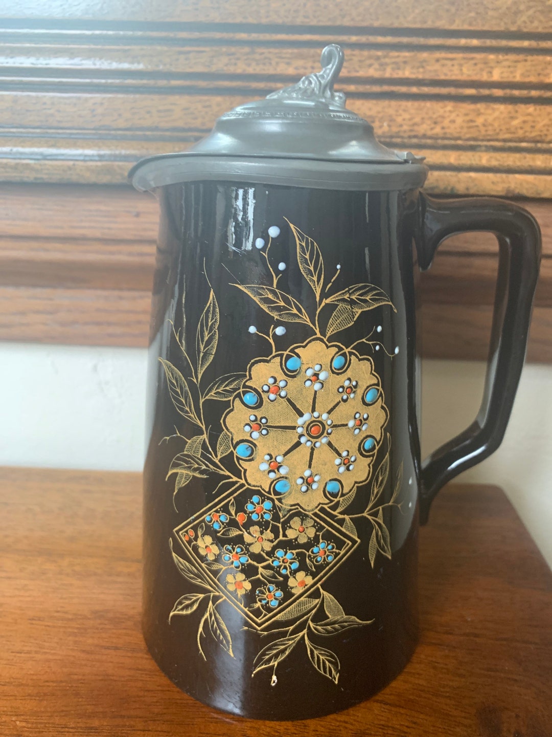 Antique Jackfield Black Glazed Pottery Jug, Pitcher, Ewer, Decorative ...