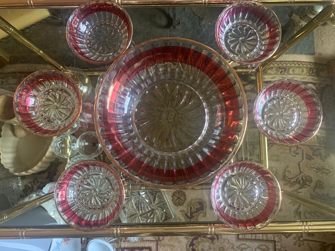 Vintage Dessert Set, Vintage 7 Piece Dessert Set, Vintage Ruby & Clear ...