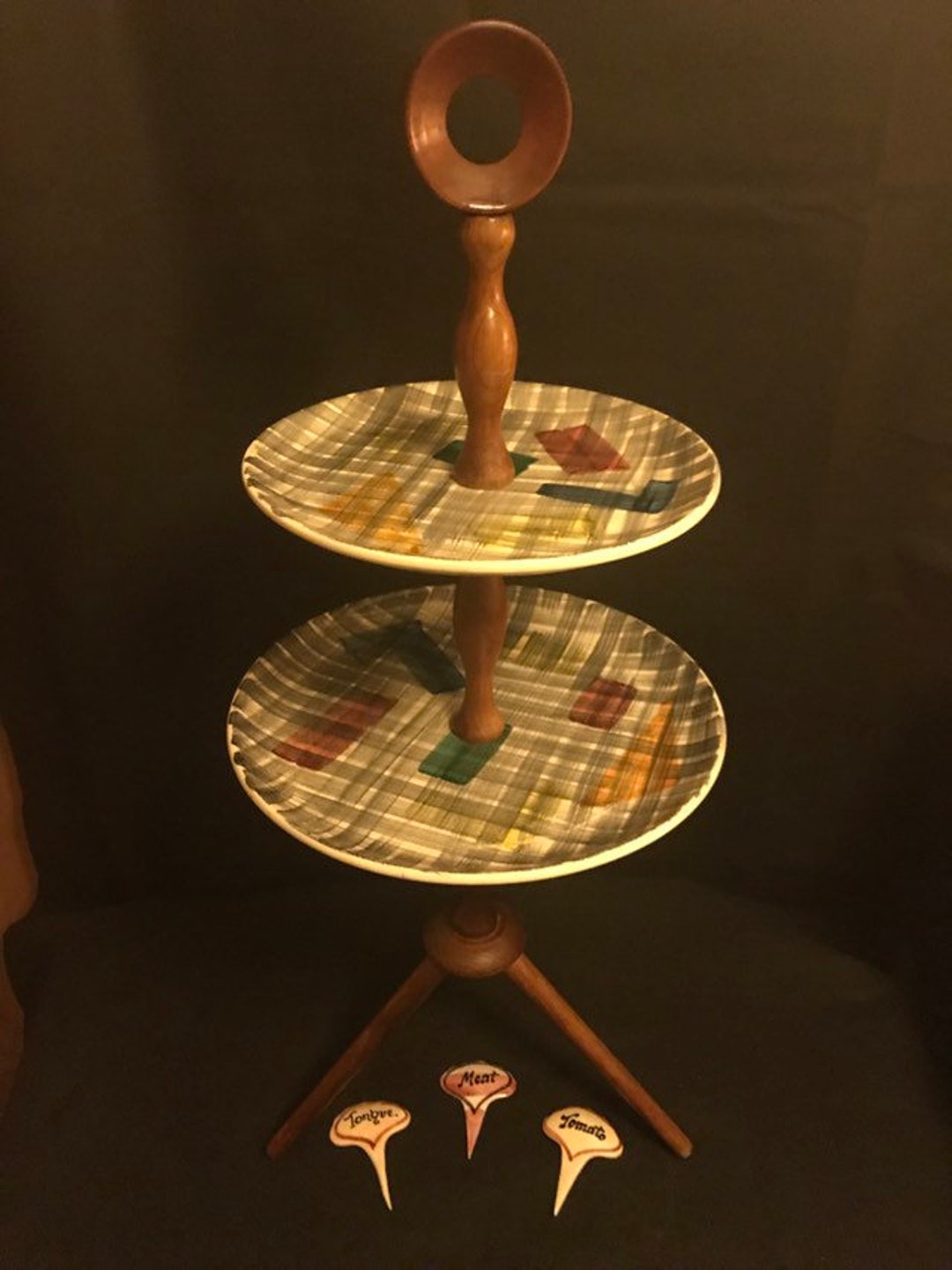 MCM Rare Sputnik Style Stand - Vintage Wood & Ceramic Cake Stand ...