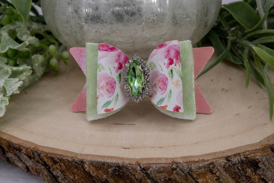 Fancy Dog Bow. Pink & Green Hair Bow for Dogs, Rhinestone Center ...