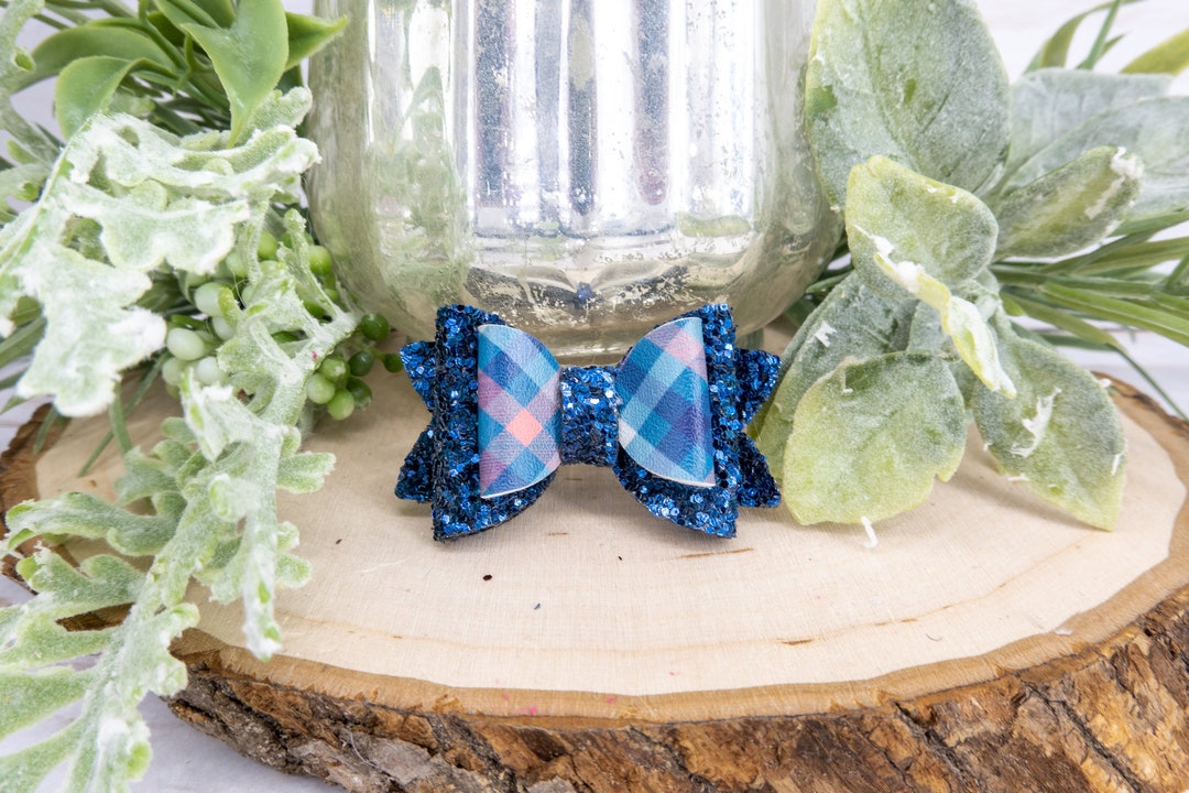 Fancy Dog Bows With Blue Plaid and Navy Blue Glitter. Small Dog Bows ...