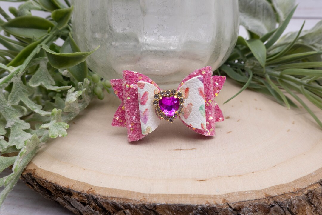 Fancy Dog Bow, Pink Hearts Bow, Rhinestone Center Options, Girl Dog ...
