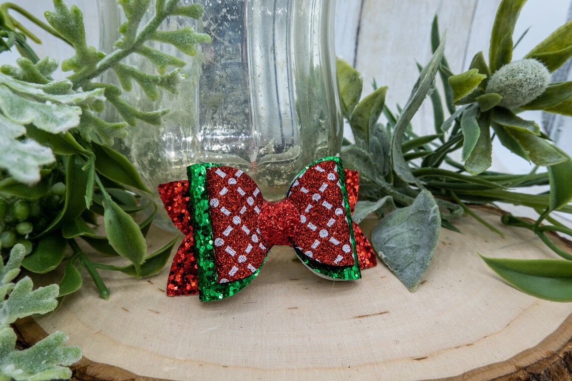 Cute Christmas Holiday Dog Hair Bows, Red & White Glitter Plaid Dog Bow ...