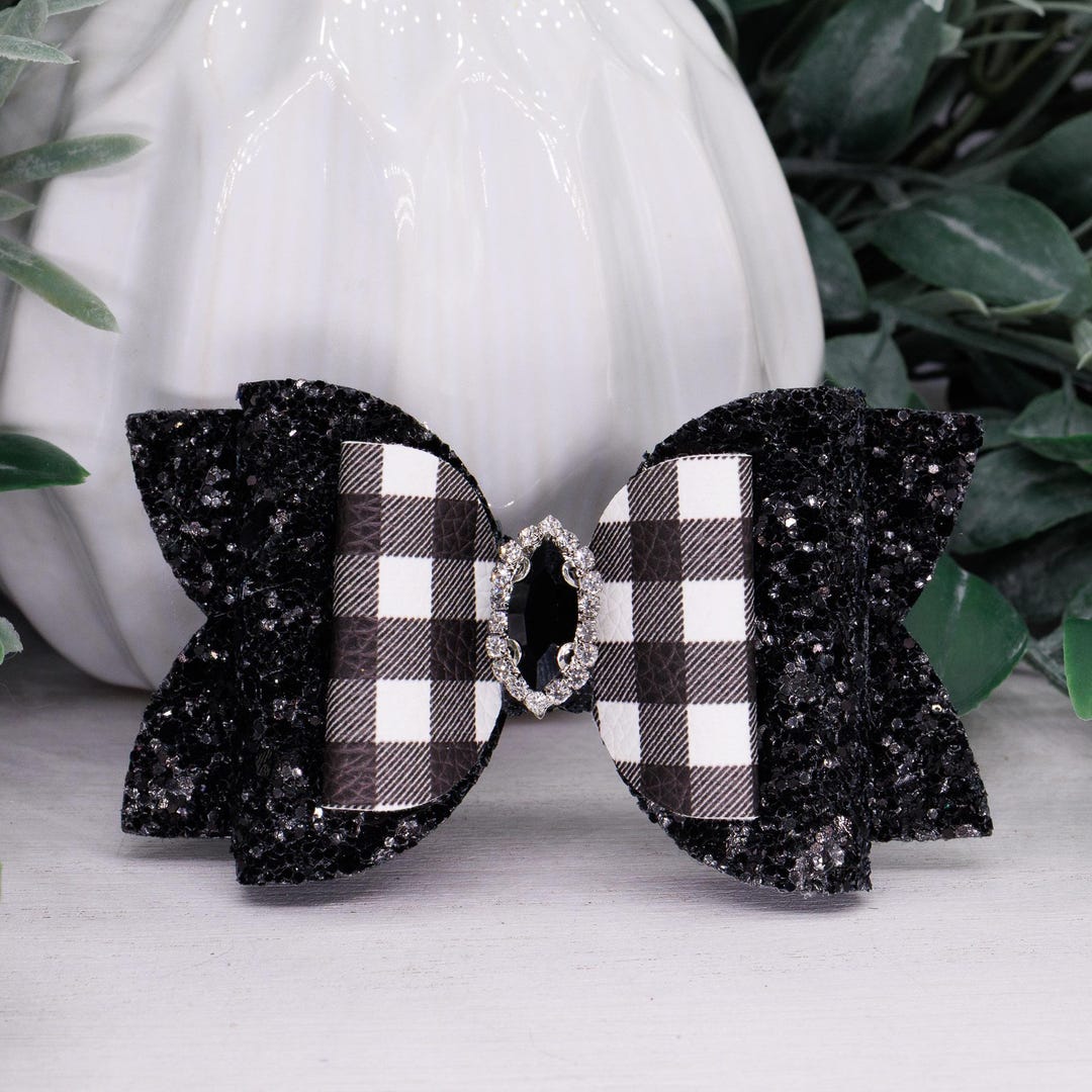Large White & Black Buffalo Plaid Glitter Dog Bow -poodle Hair Clip ...