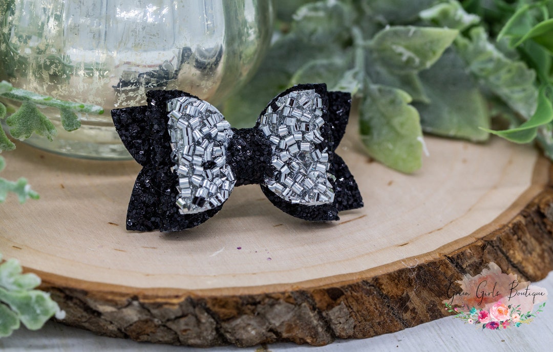 Cute Dog Hair Bows. Fancy Dog Bows With Black & Silver Tinsel on Black ...