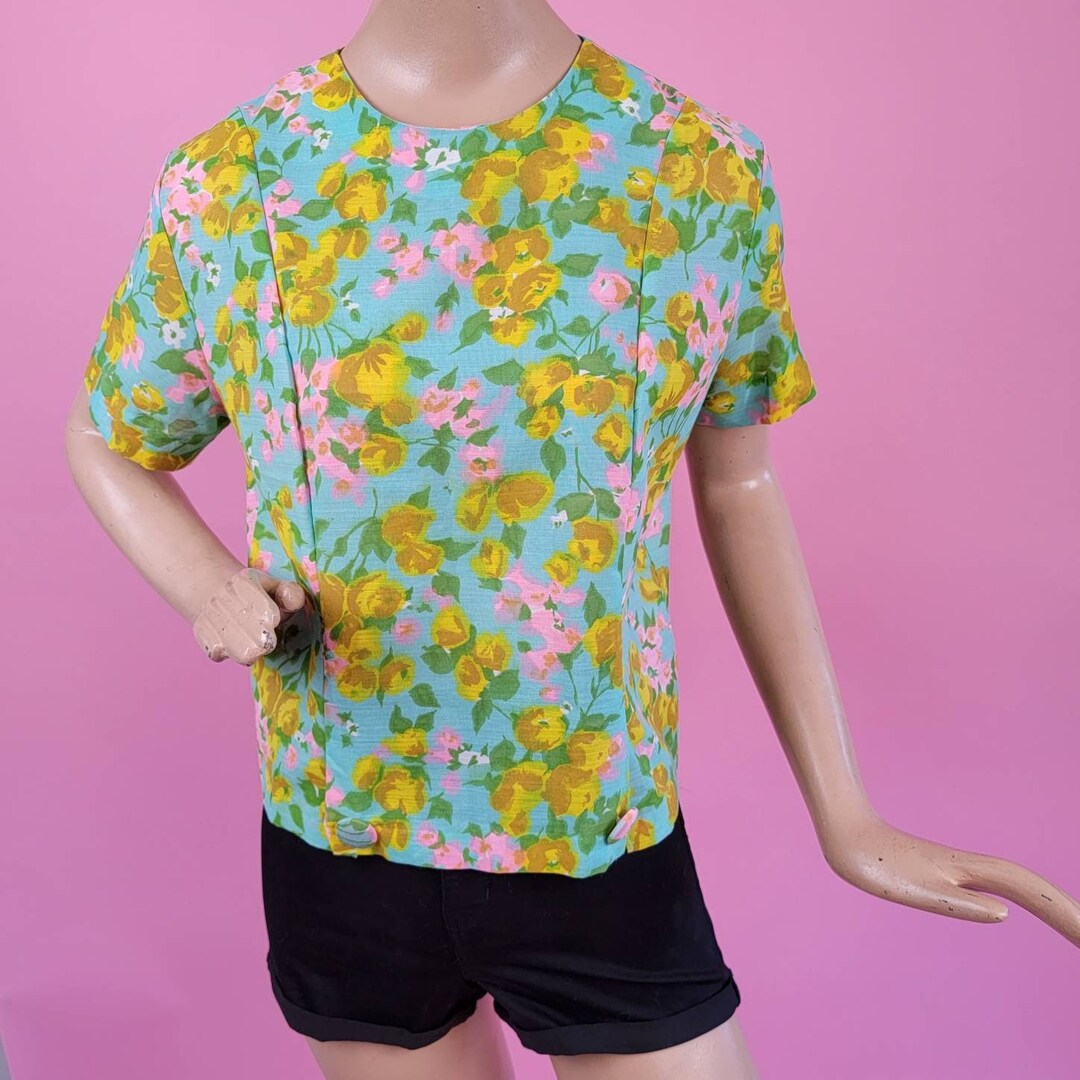 1960s Carol Brent Floral Blouse Teal Yellow Pink Pastel Flowers - Etsy