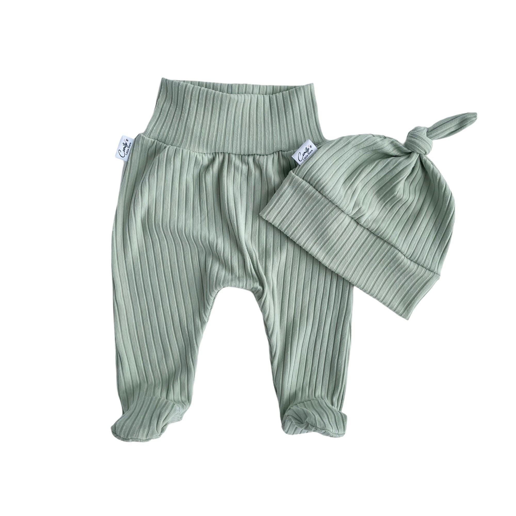 Sage baby footed pants top knot beanie newborn girl foot | Etsy