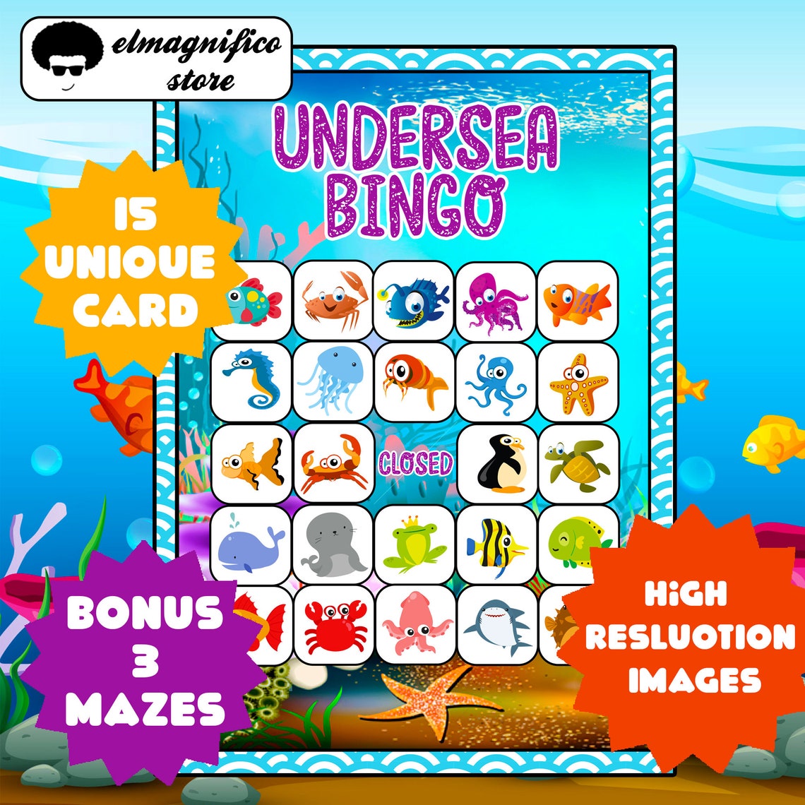 Undersea Bingo Game Printable Fish Cards for Baby Shower Instant ...