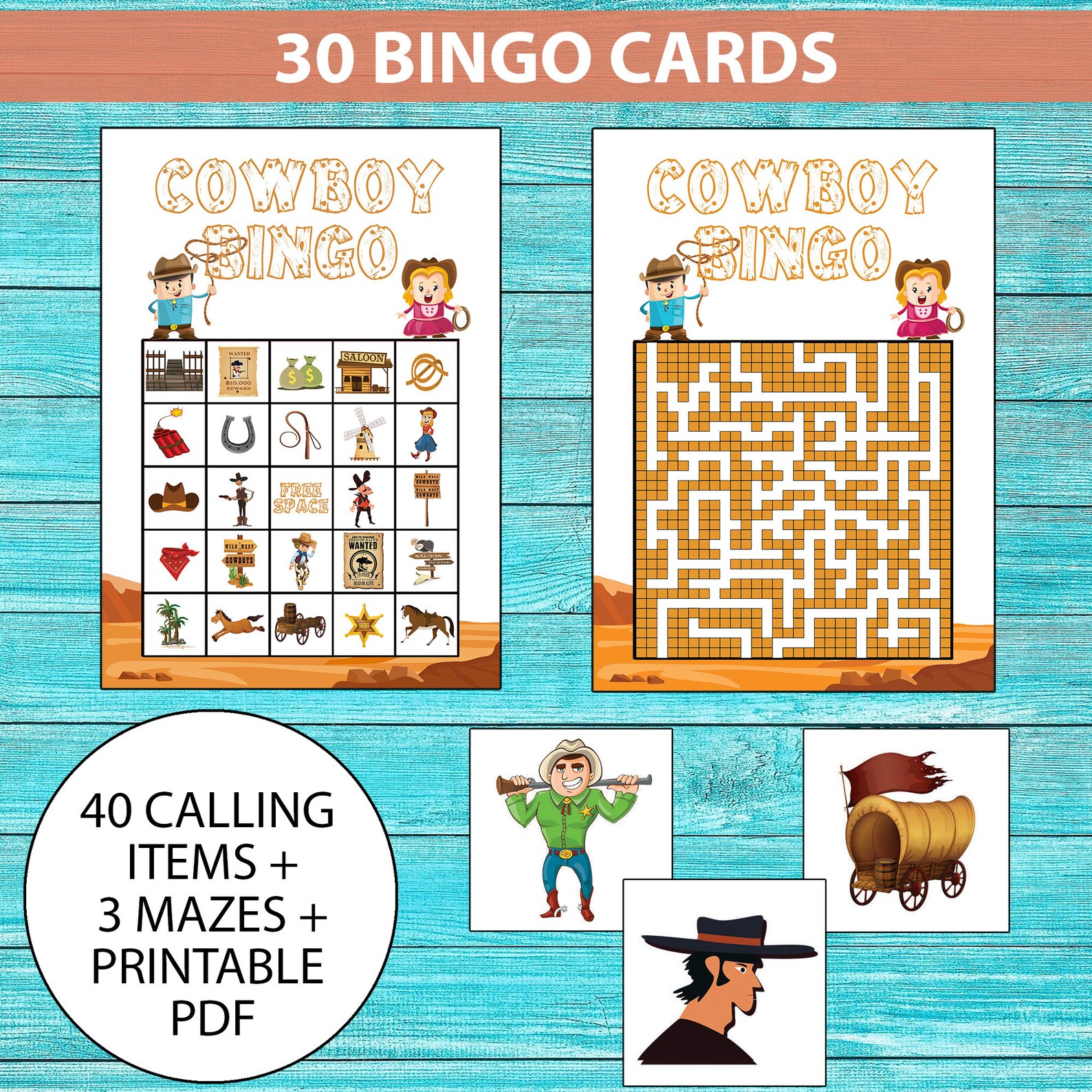 Western Cowboy Baby Shower Bingo 30 Cards & 3 Mazes Printable Party ...