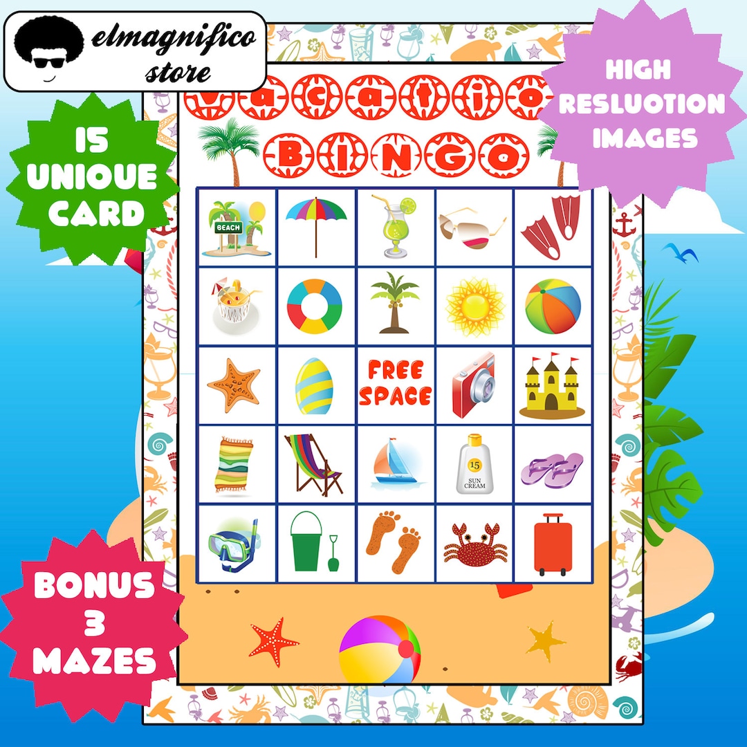 Summer Beach Baby Shower Bingo - 15 Cards & 3 Mazes - Printable Party ...