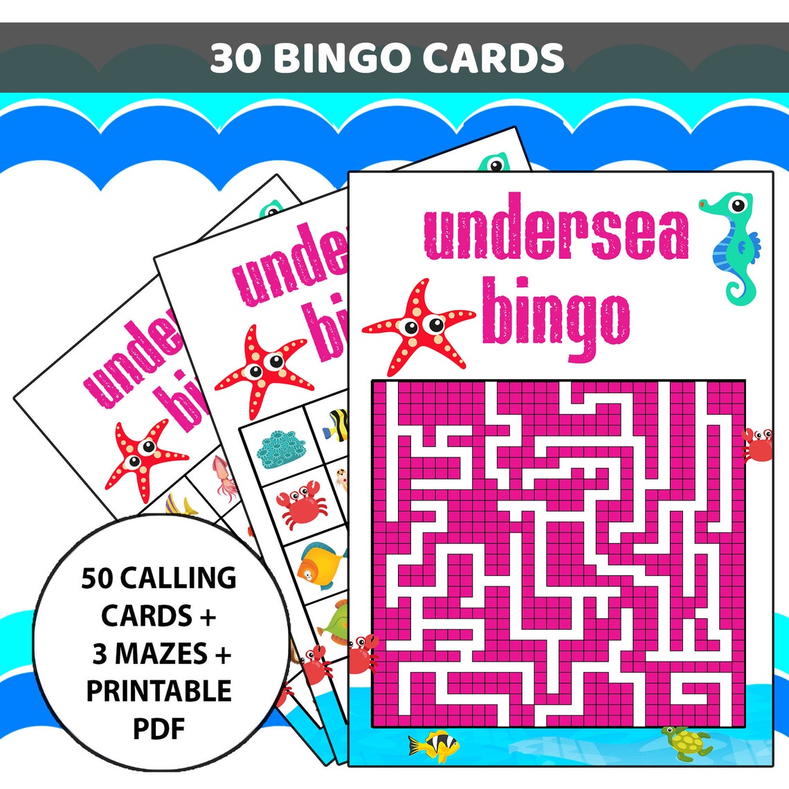 Fish Bingo Cards - Undersea Party Game for Baby Shower - Printable and ...