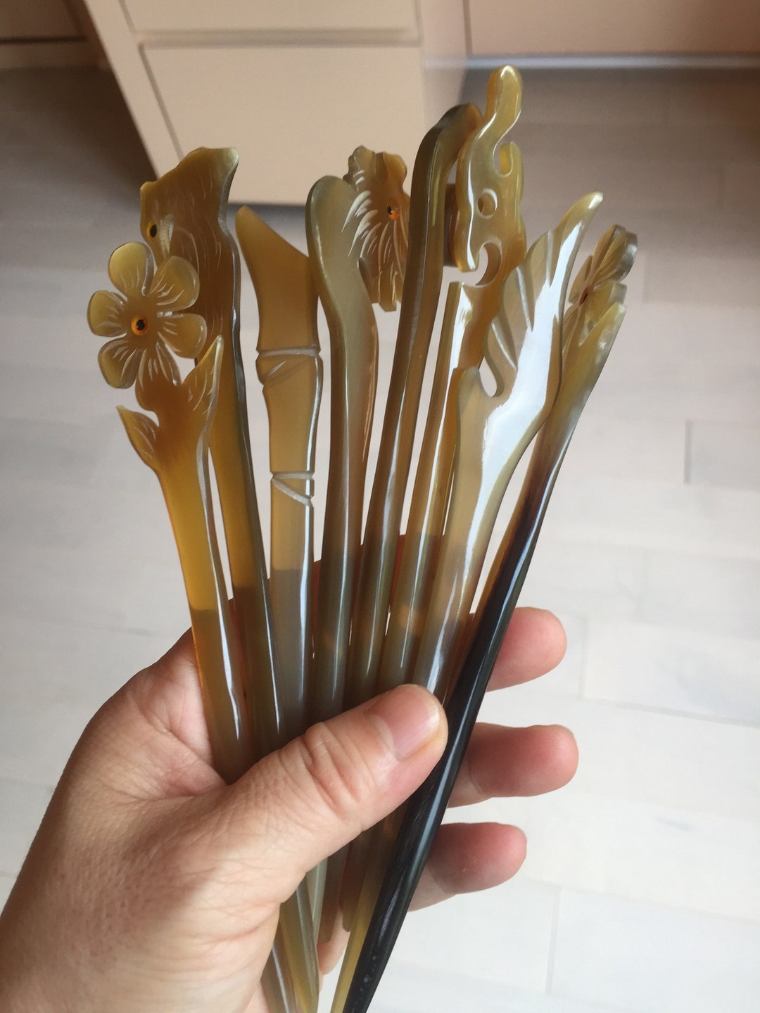 100% Natural Buffalo Horn Carved Flowers/bamboo/auspicious Clouds/love ...