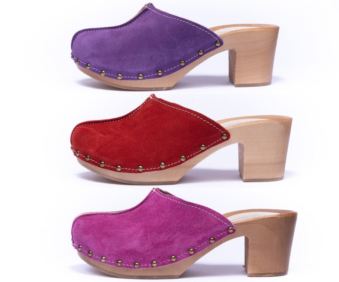 New Women Clogs Leather Heel Clogs Summer Women Shoes Suede Shoes Heel ...