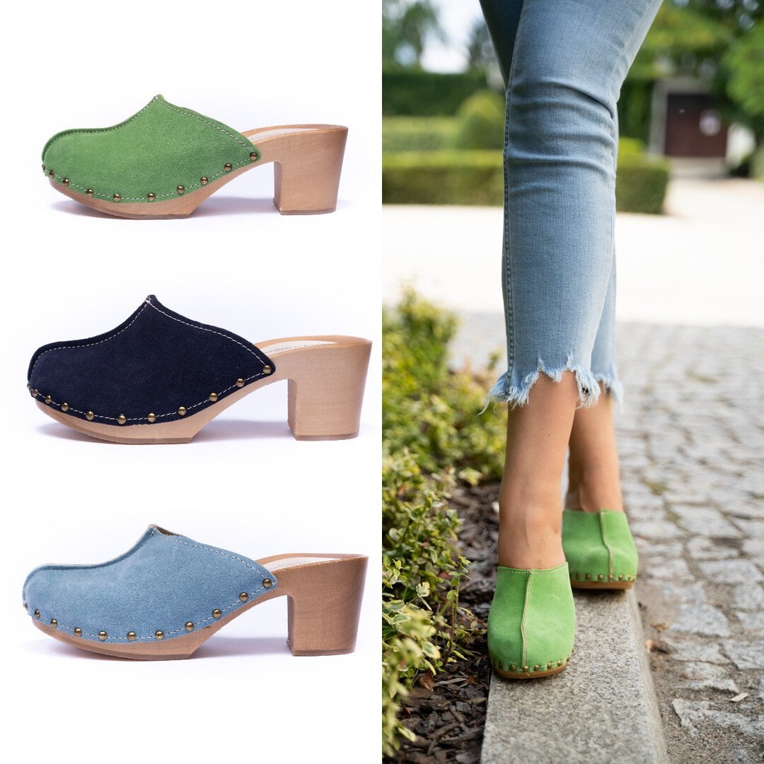 New Women Clogs Leather Heel Clogs Summer Women Shoes Suede Shoes High ...