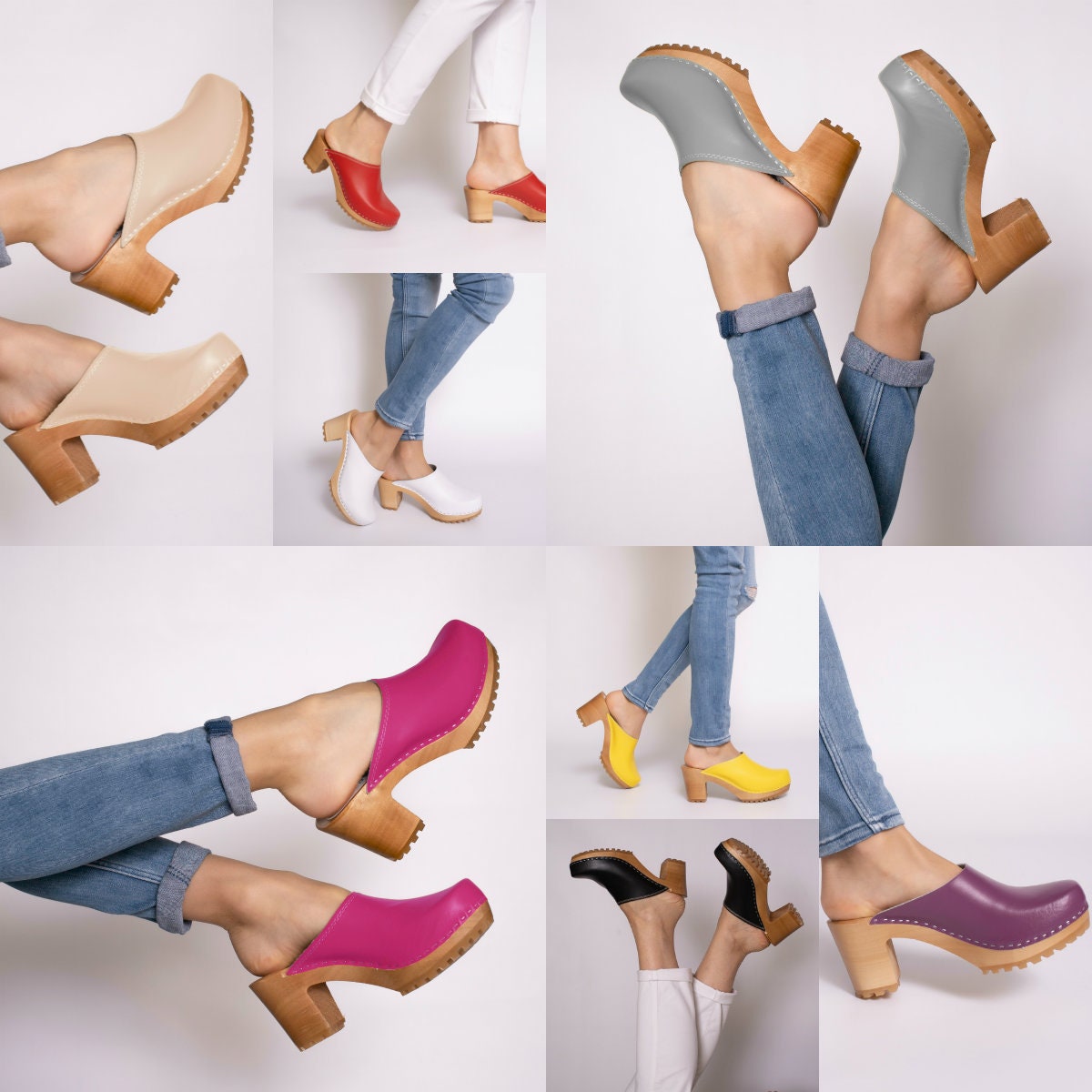 Luca - Clogs Mule,mid Heel Clogs,swedish Mule Clogs,wooden Heel Mules ...