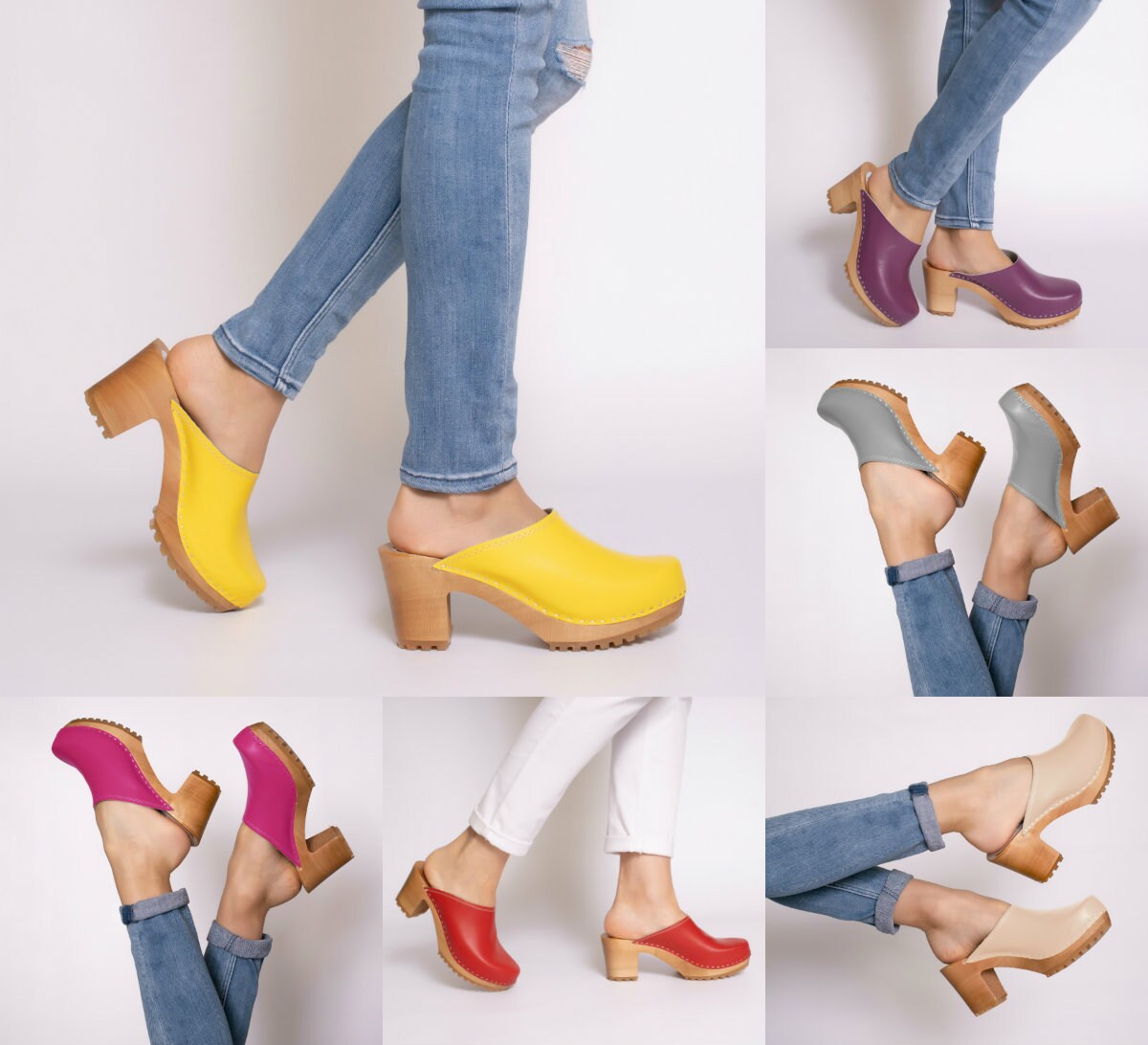 Luca - Clogs Mule,mid Heel Clogs,swedish Mule Clogs,wooden Heel Mules ...