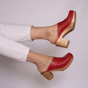 Red Swedish Clogs,clogs Women,high Heel Clogs,women Clogs,leather Shoes ...