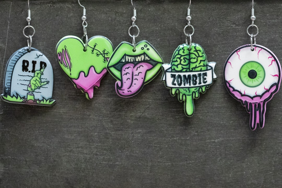 Zombie Earrings, Acrylic, Brain, Tombstone, Eyeball, Mouth, Heart - Etsy