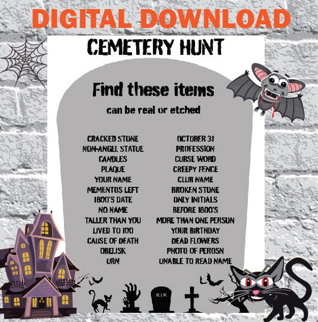 Halloween Cemetery Hunt, Halloween Scavenger Hunt, 26 Items Hard Level ...