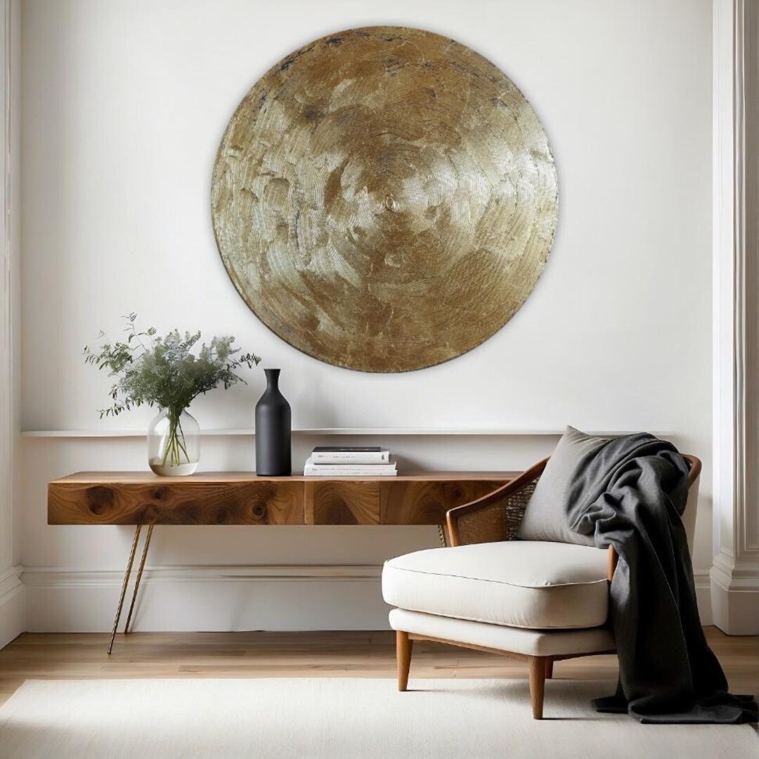 Large Round Gold Wall Art Textured Circular Metallic Painting Modern ...