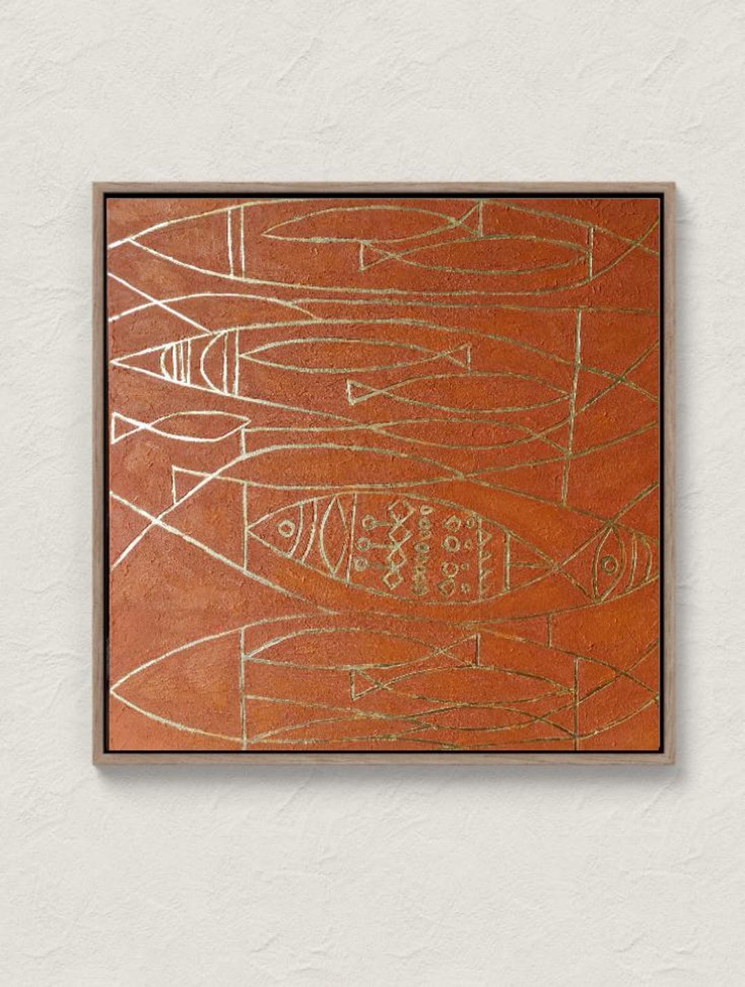 Terracotta Wall Art Fish Painting Gold Lines Wall Art Mcm Wall Art ...