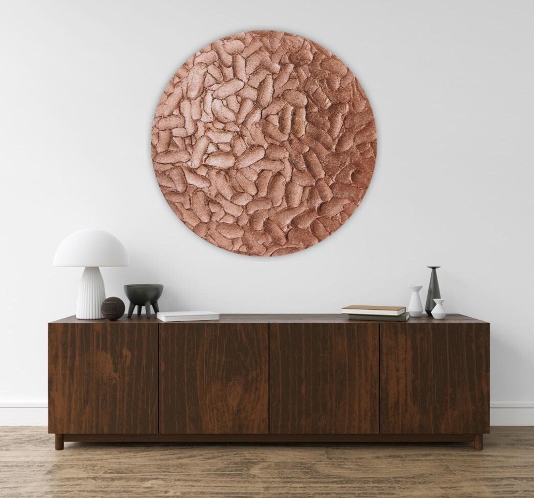 Large Copper Wall Art – Round Textured Canvas With Metal Leaf Handmade ...